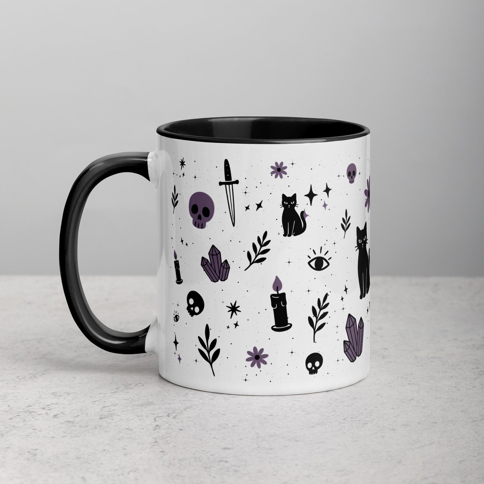 Gothic Witchy Mug, Black Cat, Crystals & Skulls Pattern - Etsy