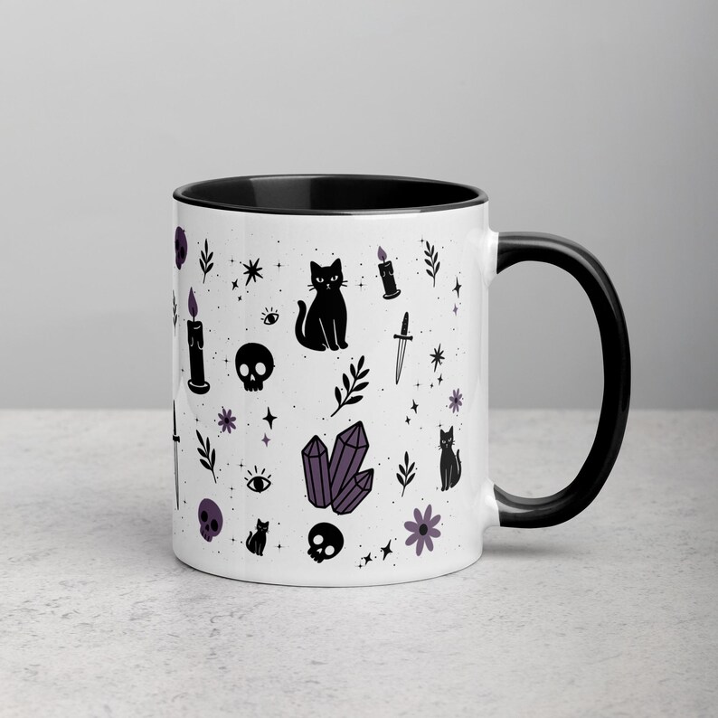 Gothic Witchy Mug, Black Cat, Crystals & Skulls Pattern - Etsy