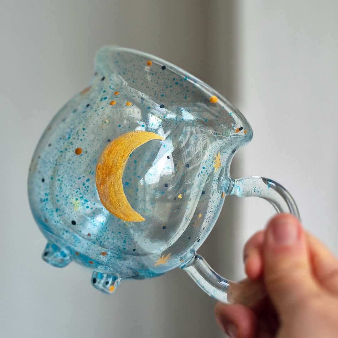 Whimsical Moon and Stars Glass Cauldron Mug, Wiccan Wedding, Celestial ...