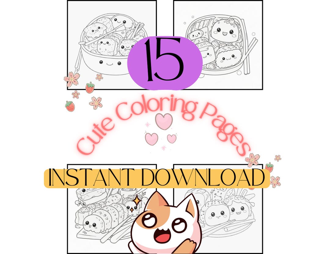 15 Cute Kawaii Food Coloring Pages Adults & Kids Procreate PDF PNG File ...