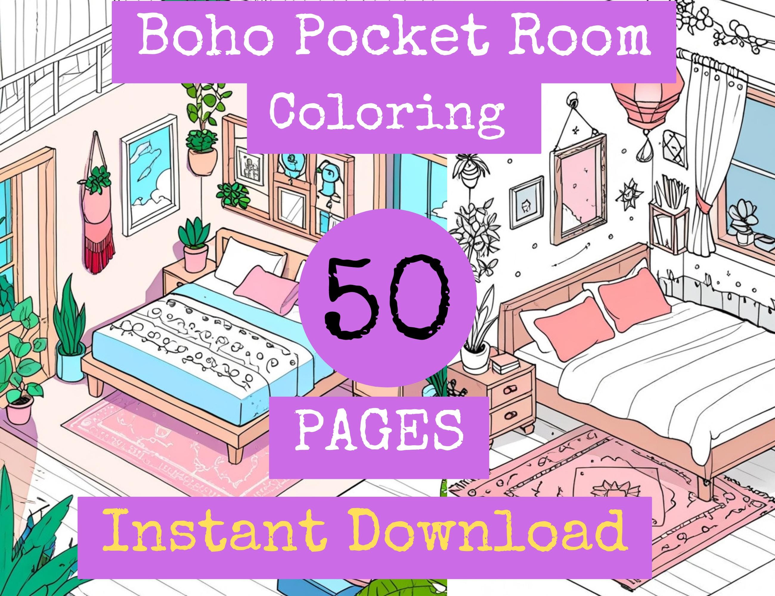50 Boho Pocket Rooms Coloring Pages, 3D Isometric Rooms, Printable ...