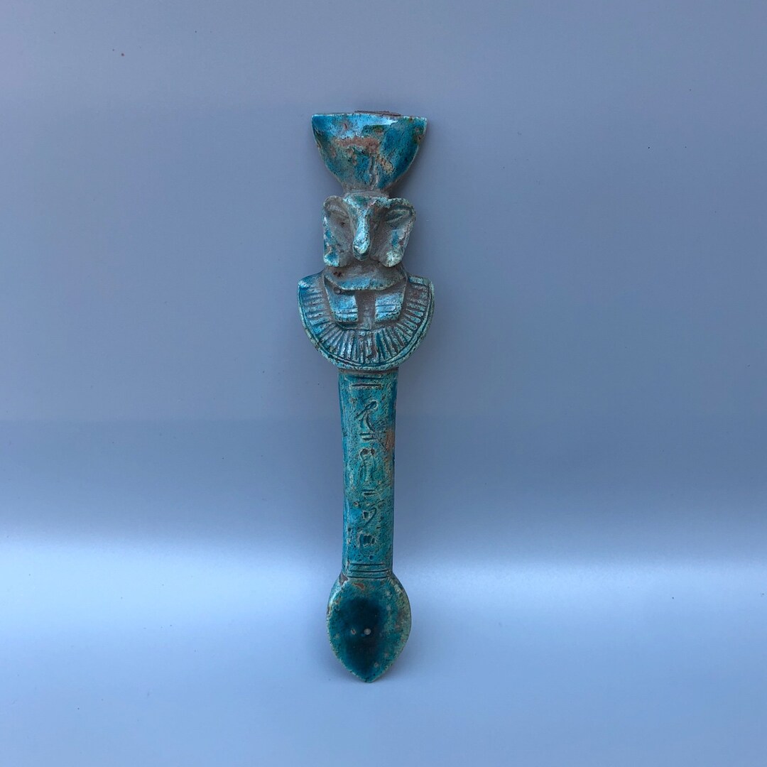Glazed Faience Spoon of Ancient Egyptian Art - God Khnum on Top With ...