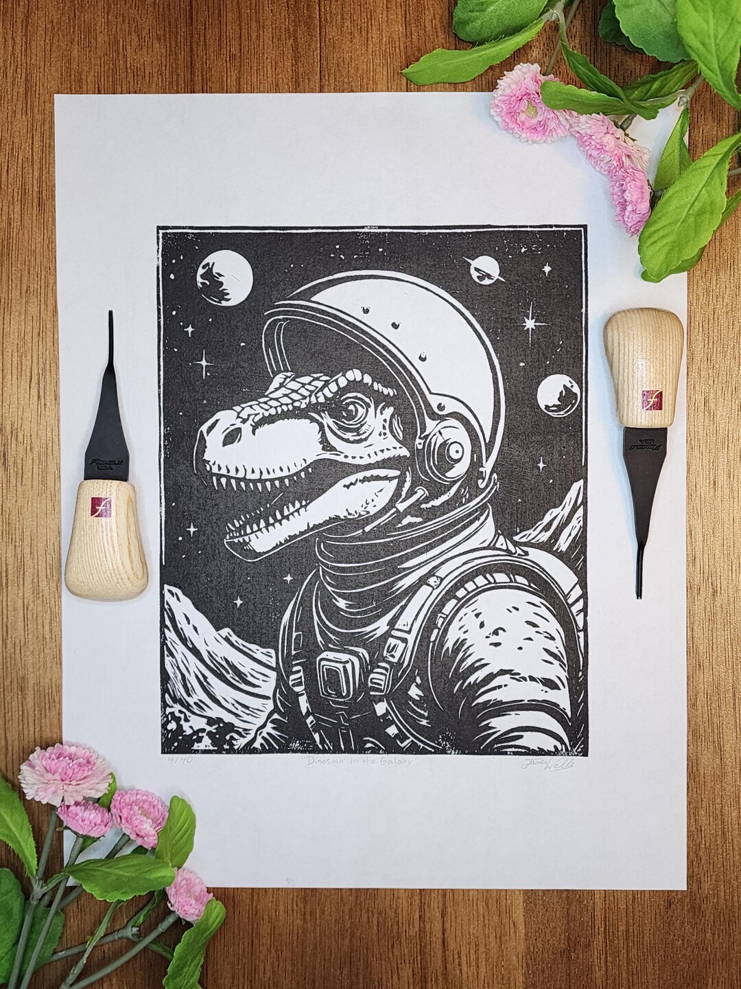 Dinosaur in the Galaxy, Dinosaur Art Print, Sci-fi Linocut Print ...