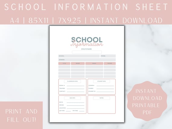 School Information Sheet Child's Class Information Sheet - Etsy