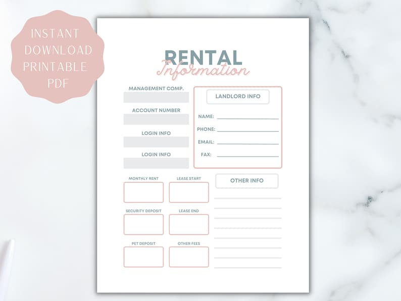 Rental Information Sheet Printable Rent Tracker | Etsy