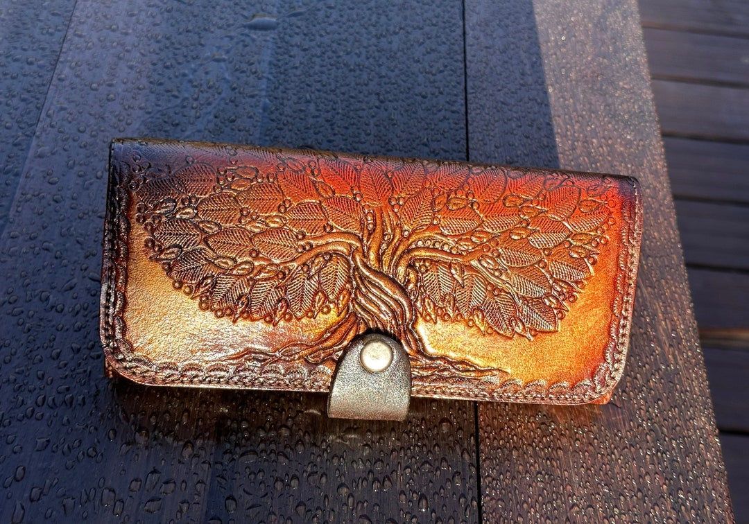 Women's Tree of Life Wallet in Natural Leather, Hand-embossed Pattern ...