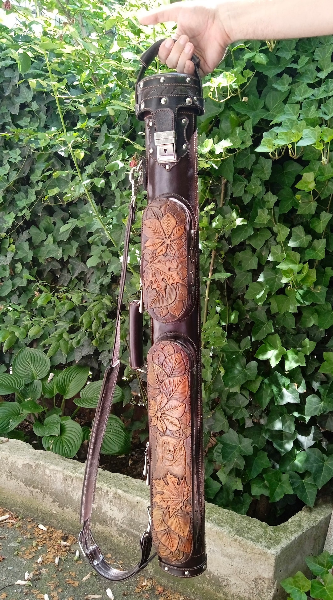 Handmade Tooled Genuine Leather Pool Cue Case, Embossed Leaves and ...