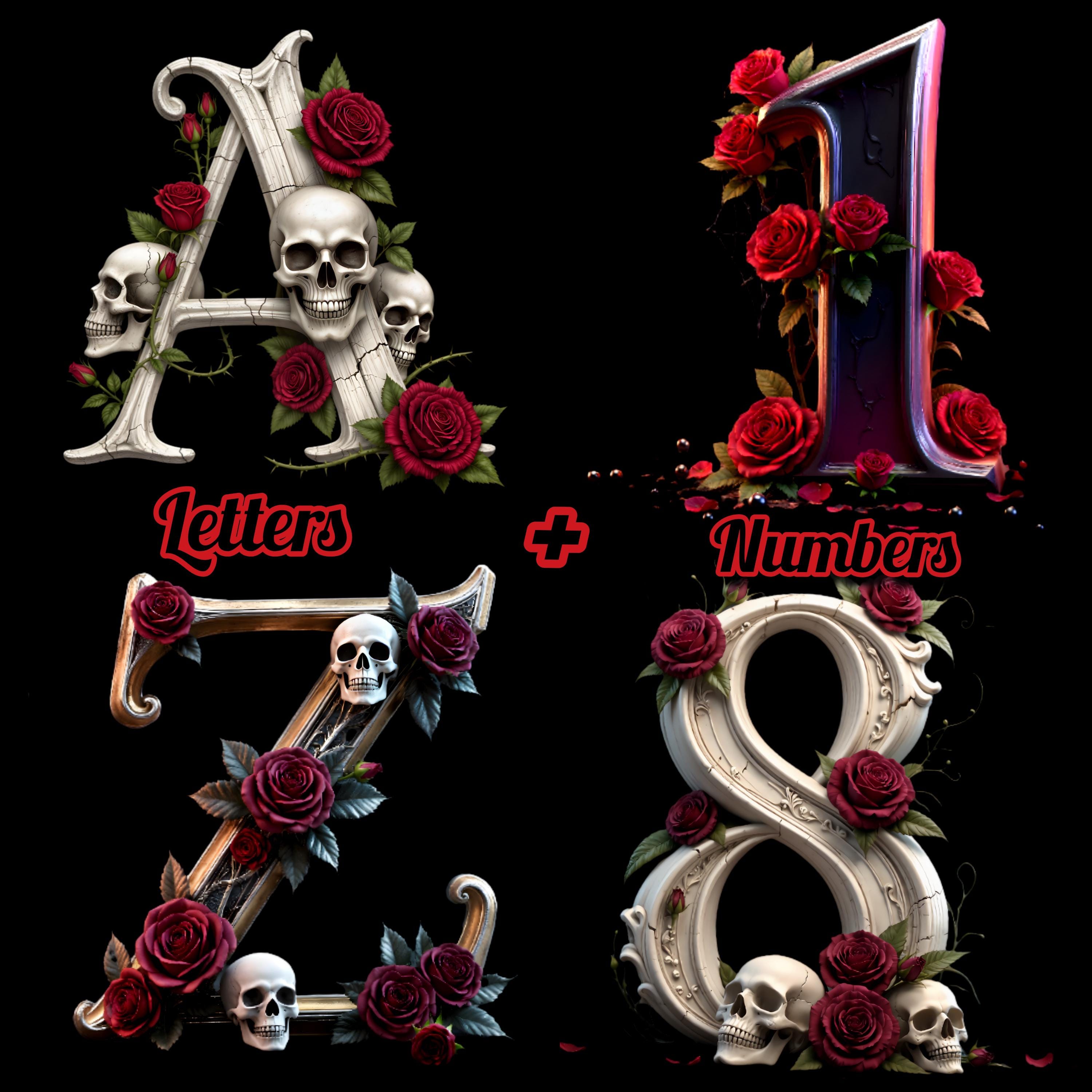 Gothic Halloween Alphabet + Numbers PNG Bundle: Skull and Roses Letters ...