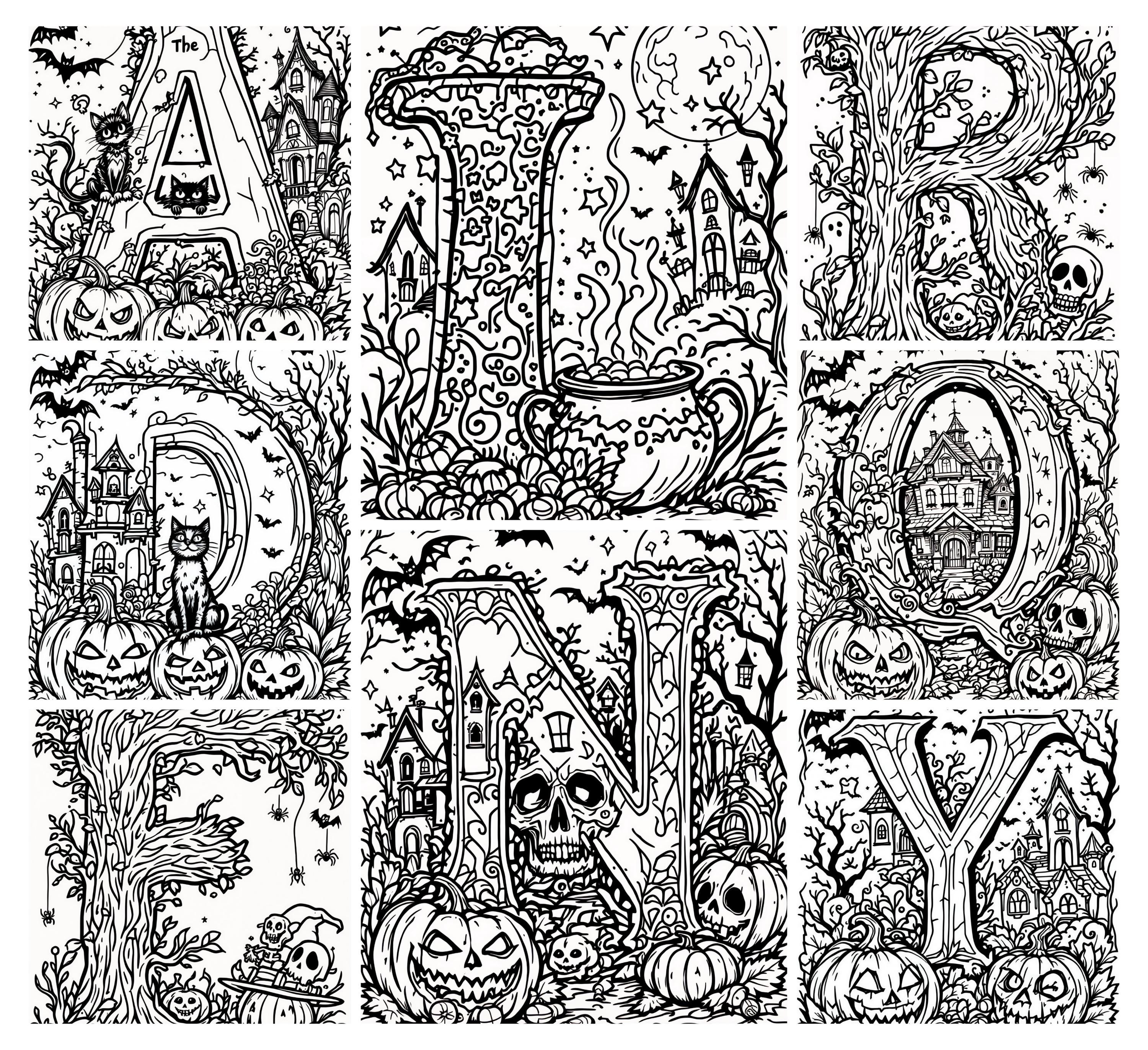Halloween Alphabet Coloring Pages: A-Z Spooky Designs (digital Download ...