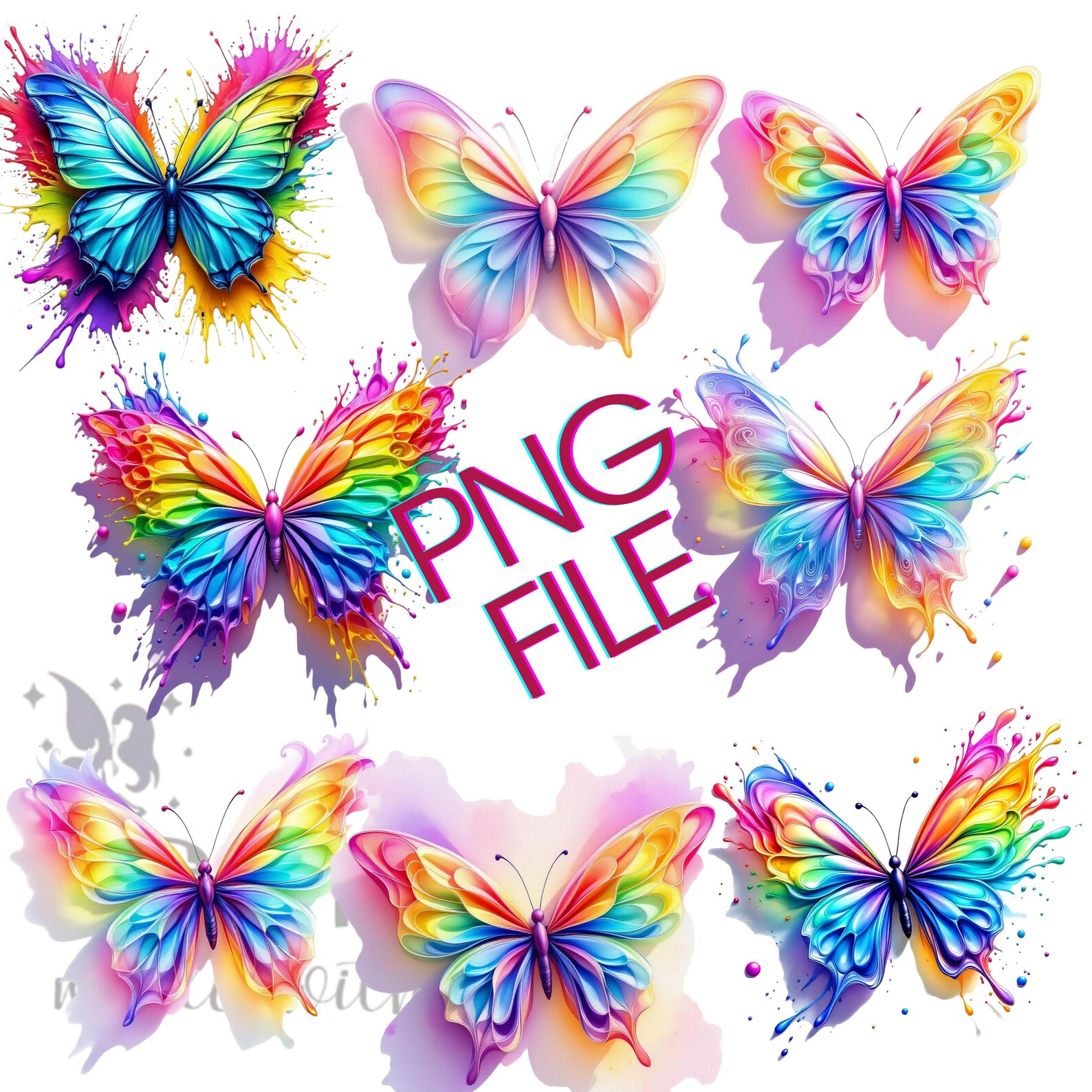 Rainbow Butterfly PNG Clipart Bundle: 3D T-shirt Design, Printable Wall ...