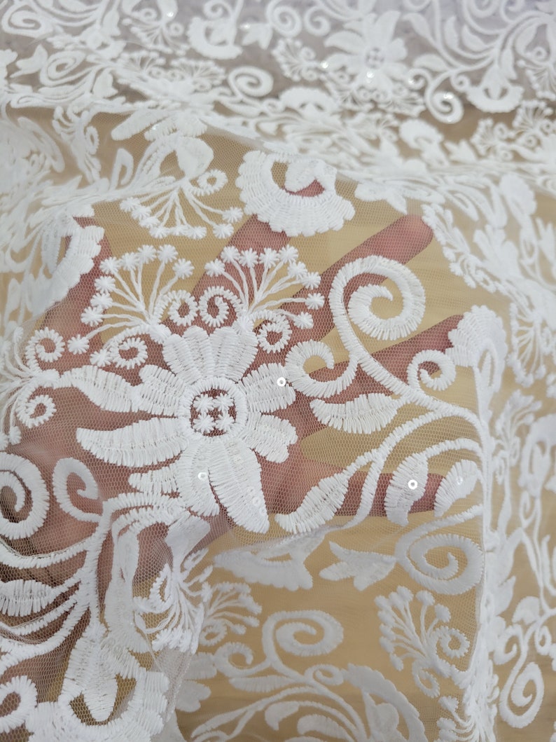 White Flower Lace With Sequins/ White Bridal Lace/ Style Elena - Etsy
