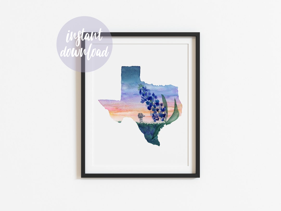 Texas Bluebonnet Printable Wall Art Print State of Texas Wall Decor ...