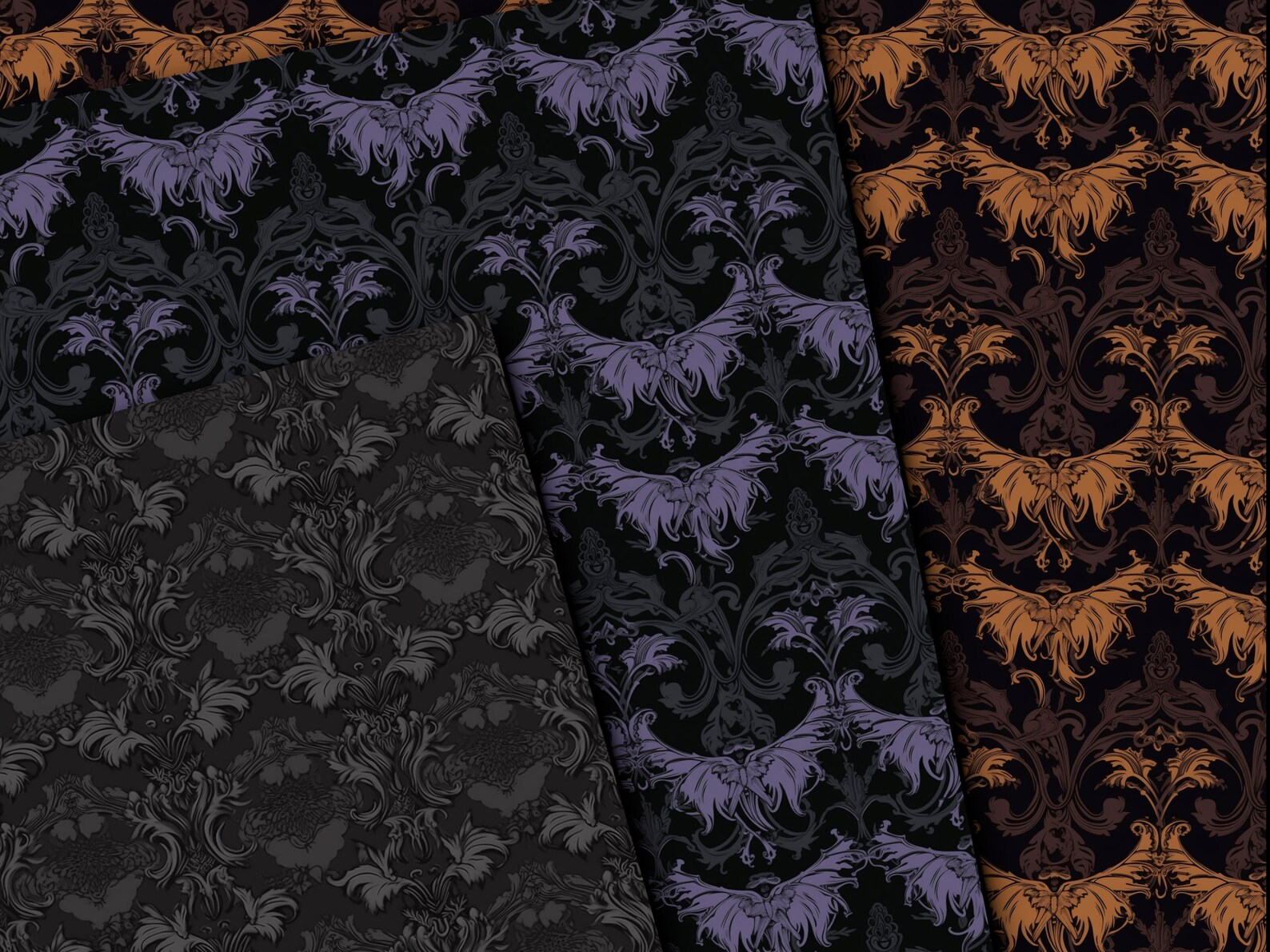 Gothic Bats Damask Digital Paper Pack | Seamless Patterns | Instant ...