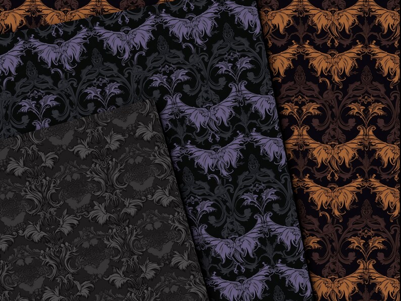 Gothic Bats Damask Digital Paper Pack | Seamless Patterns | Instant ...