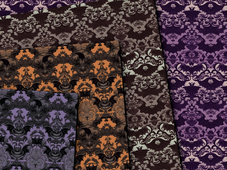 Gothic Bats Damask Digital Paper Pack | Seamless Patterns | Instant ...
