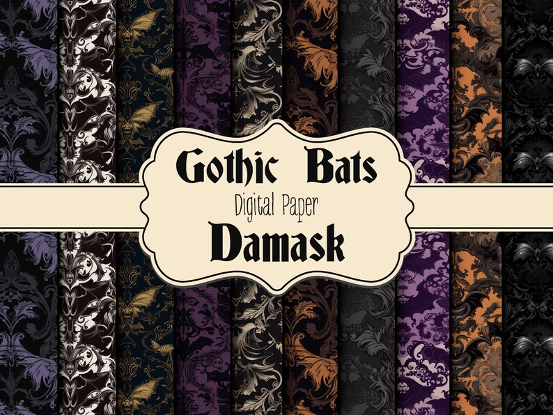 Gothic Bats Damask Digital Paper Pack | Seamless Patterns | Instant ...
