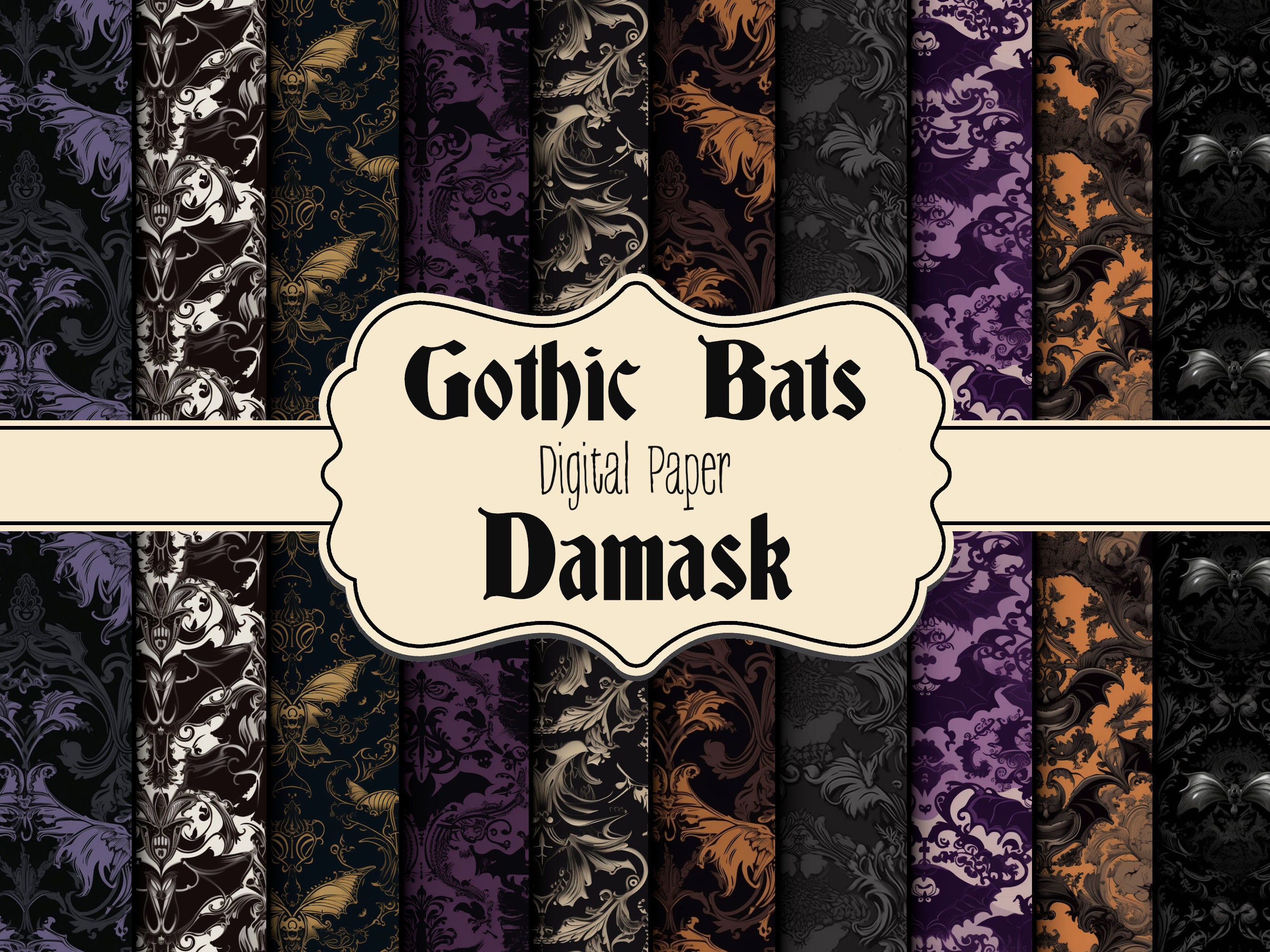 Gothic Bats Damask Digital Paper Pack | Seamless Patterns | Instant ...
