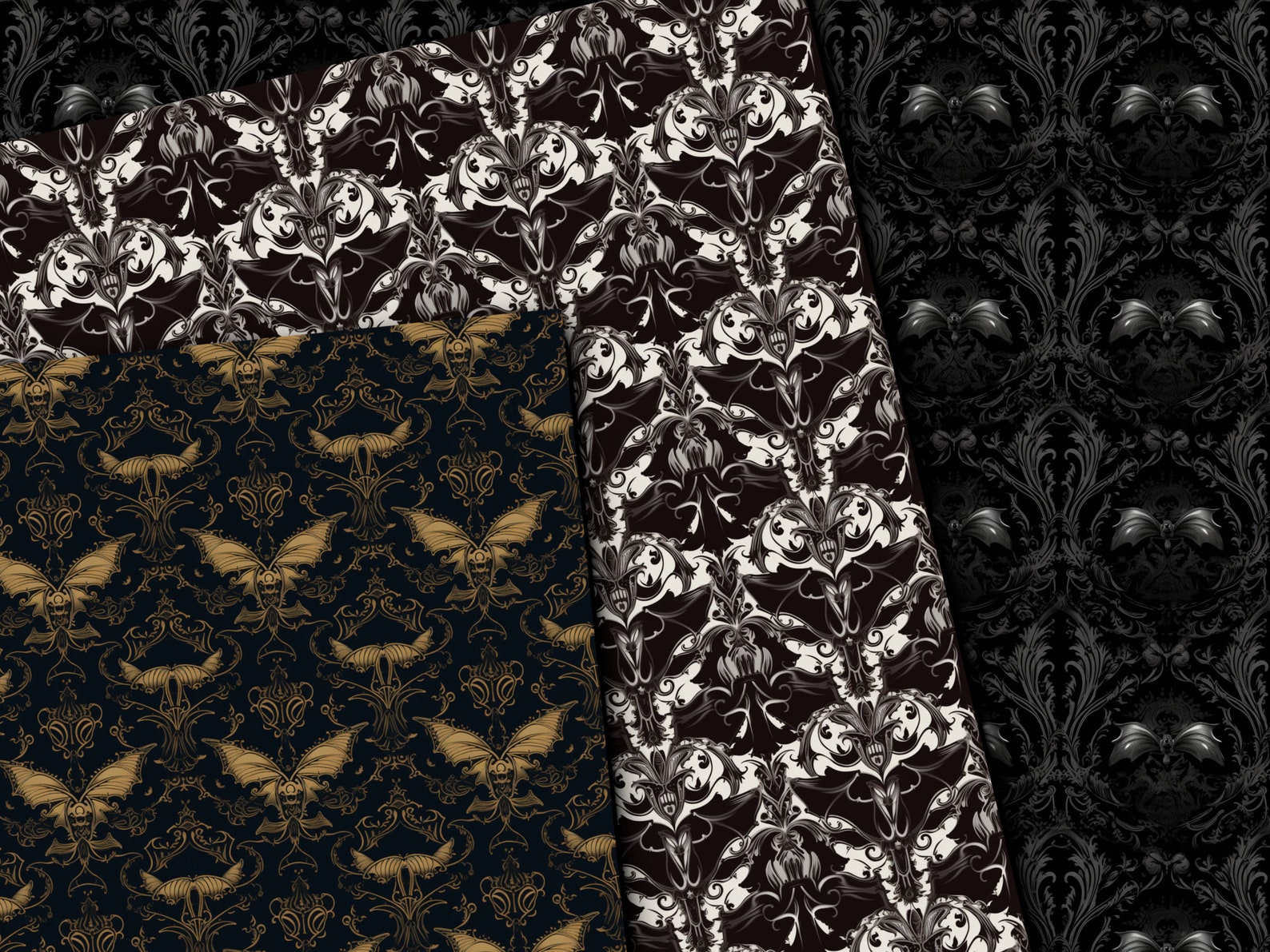 Gothic Bats Damask Digital Paper Pack | Seamless Patterns | Instant ...