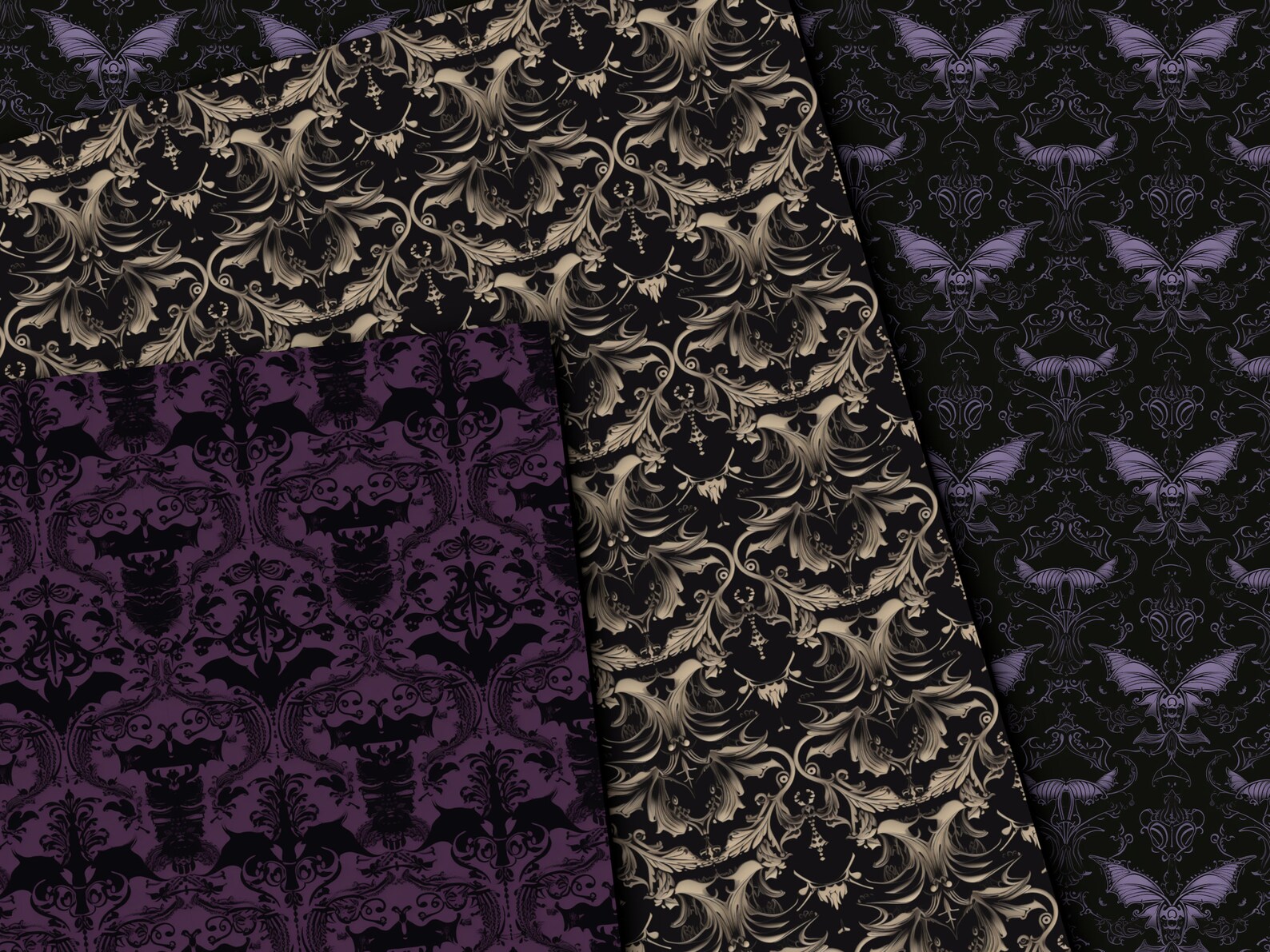Gothic Bats Damask Digital Paper Pack | Seamless Patterns | Instant ...