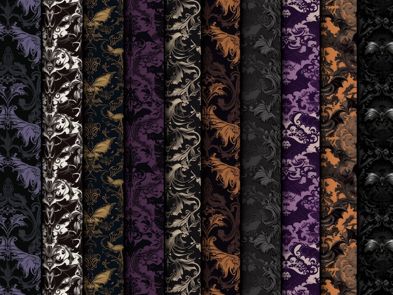 Gothic Bats Damask Digital Paper Pack | Seamless Patterns | Instant ...