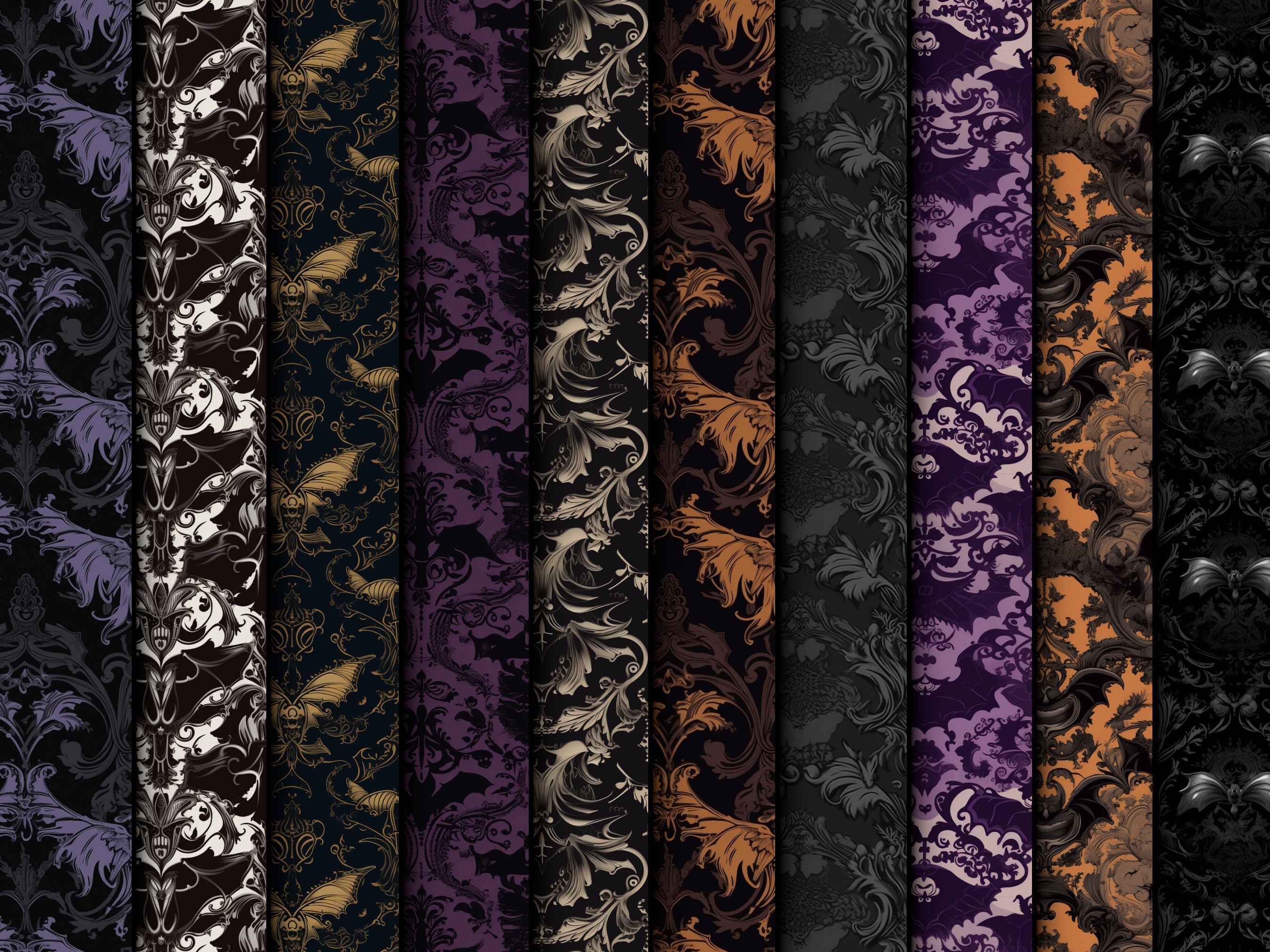 Gothic Bats Damask Digital Paper Pack | Seamless Patterns | Instant ...