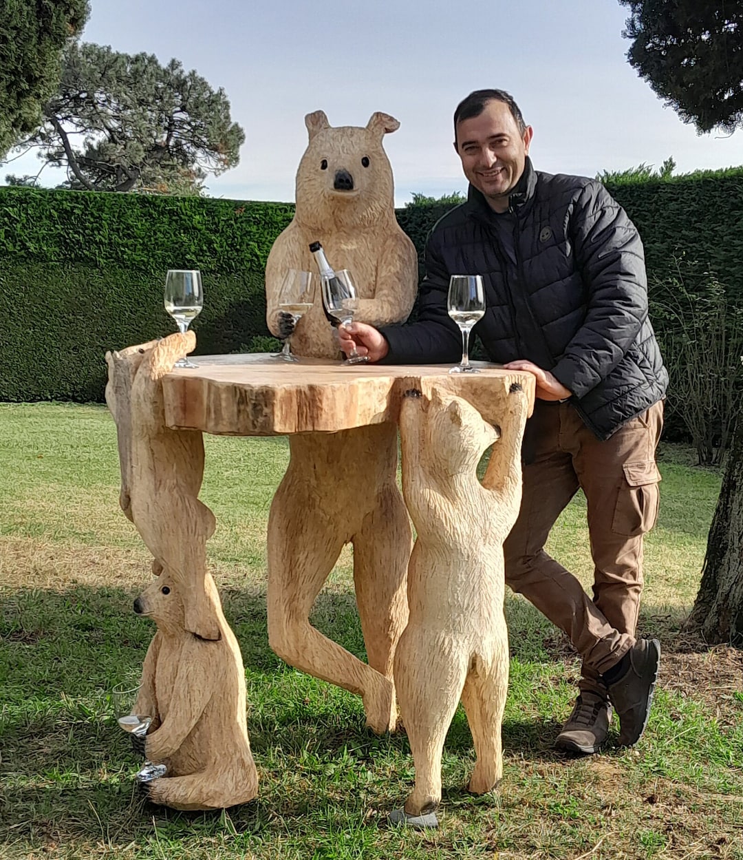 Bear-shaped Sculpture Table, Porcini Mushrooms as Stools, in Natural ...