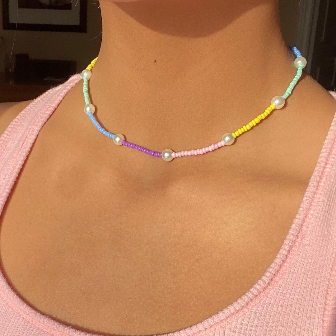Summer Pearl Necklace, Beaded Necklace, Summer Boho Necklace, Mermaid ...