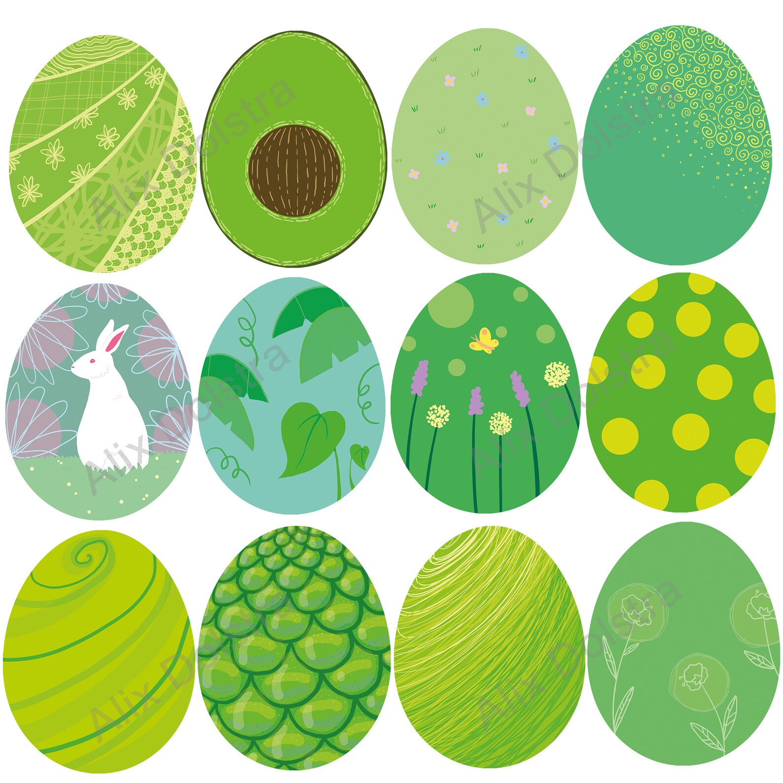 Green Easter Egg Set PSD PNG Clip Art Set Flora Bunny - Etsy