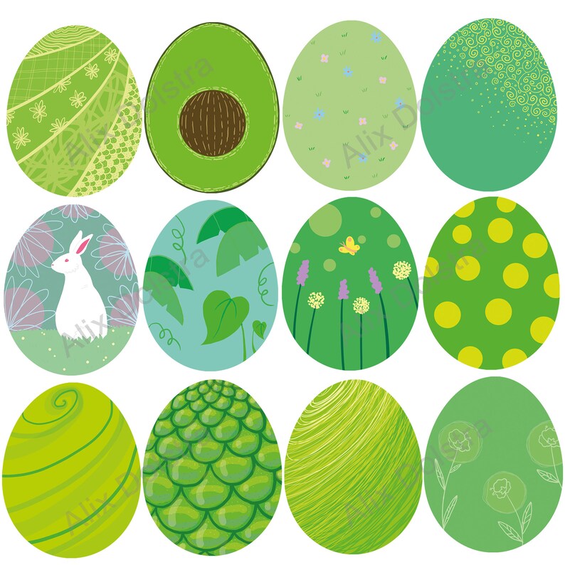 Green Easter Egg Set PSD PNG Clip Art Set Flora Bunny - Etsy