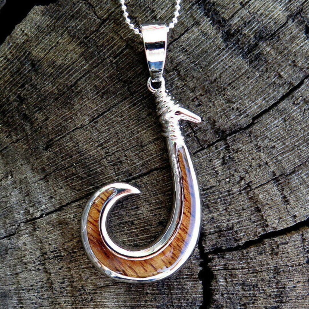 Genuine Hawaiian Koa Wood Fish Hook Pendant Rhodium Plated Brass 2 ...