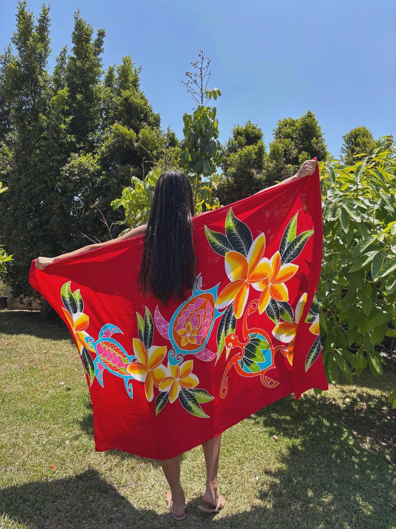Hawaiian Design Red Multicolor Hand Painted Plumeria Blossom Tropical ...
