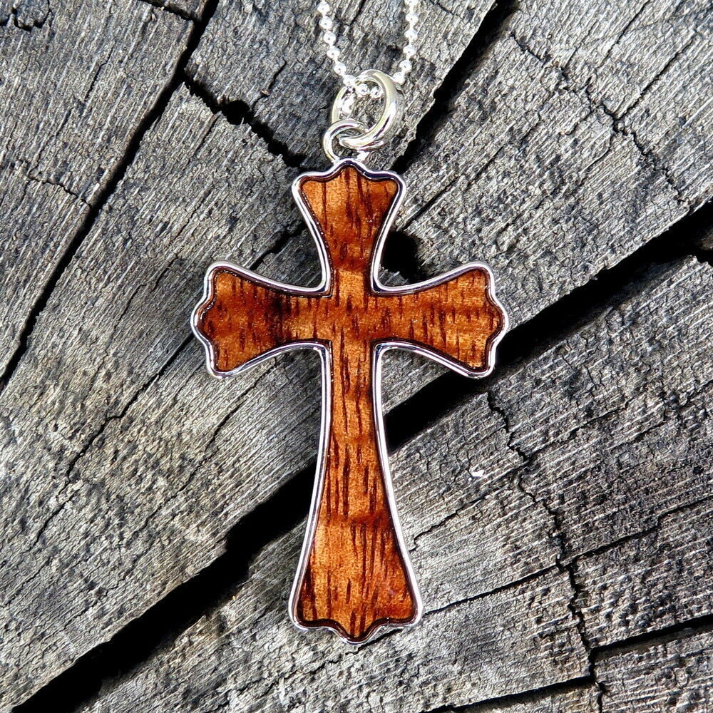Genuine Hawaiian Koa Wood Cross Hawaii Scroll Reversible Rhodium Plated ...