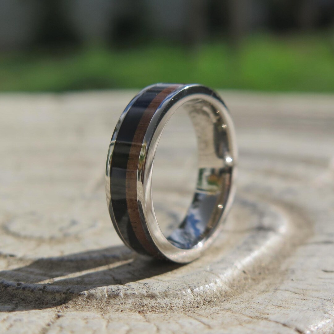 Hawaiian Koa Wood Two Tone Ebony Sterling Silver Inlay Titanium Wedding ...