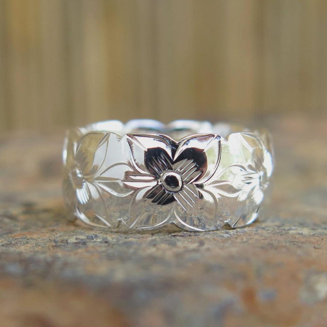 Hawaiian 925 Silver Plumeria Flower Cut Out Edge Wedding Ring Band 8mm ...