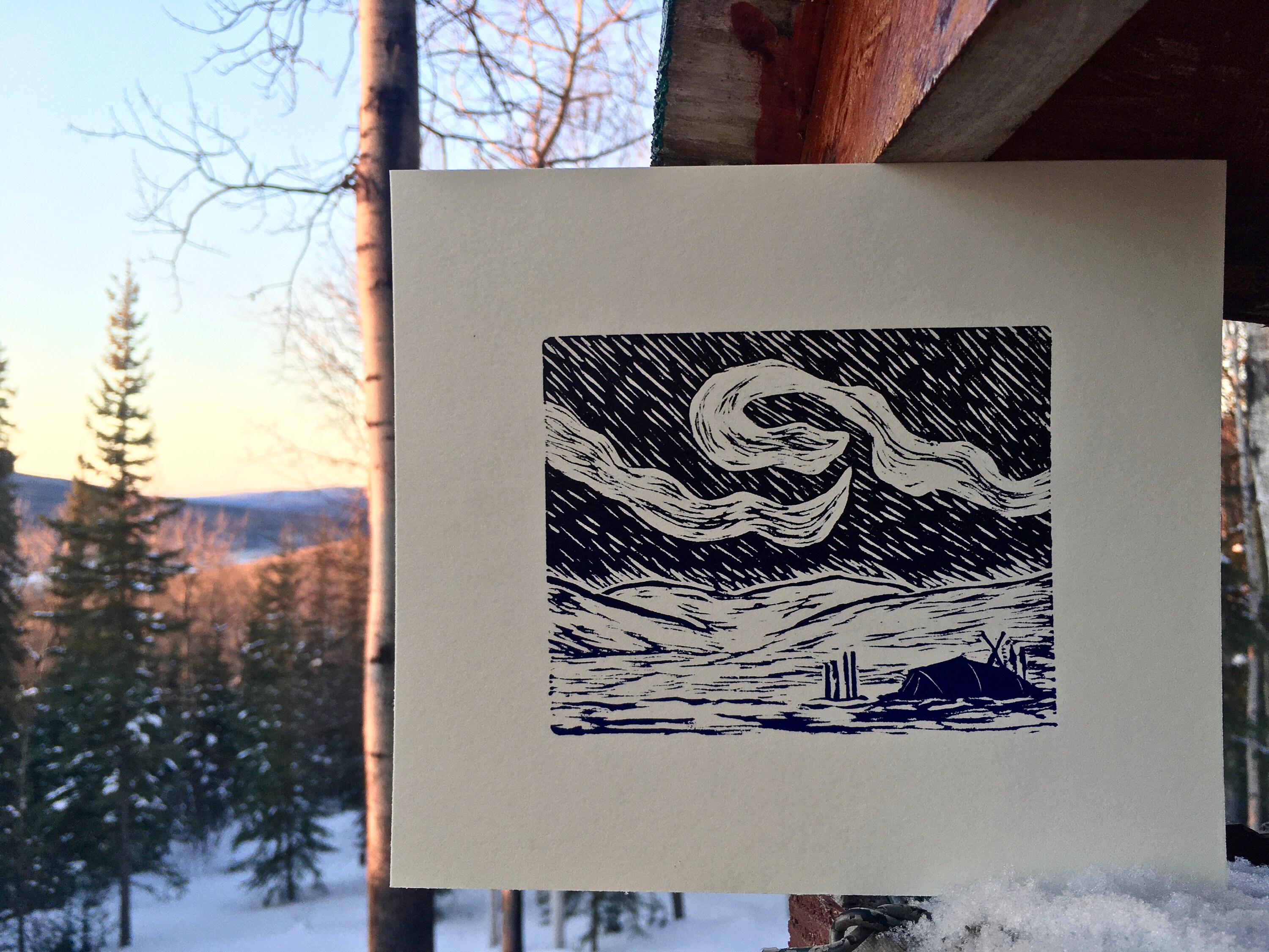 Lichten van Home / Linocut Winter Camping Aurora Print | Etsy