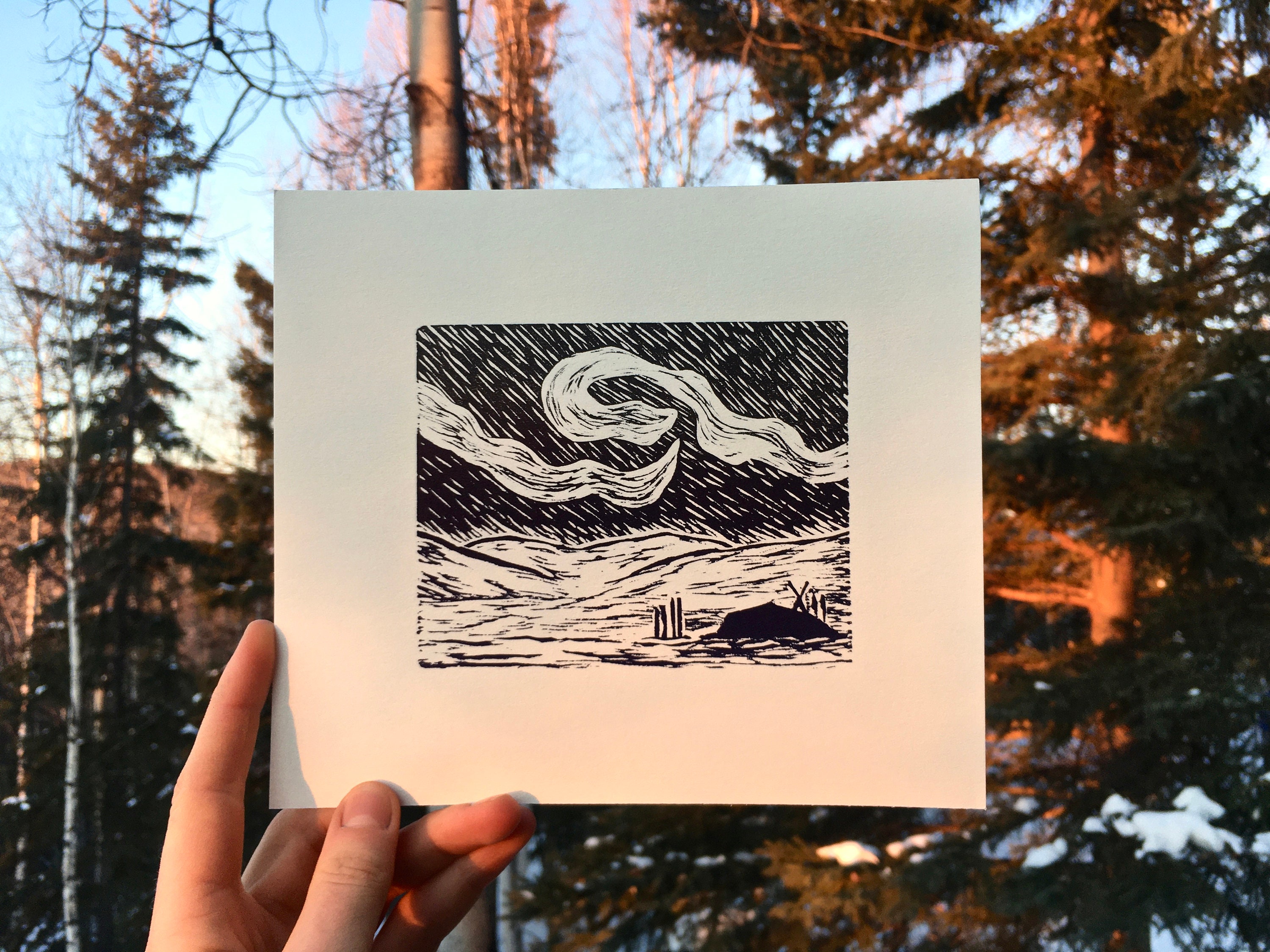 Lichten van Home / Linocut Winter Camping Aurora Print | Etsy