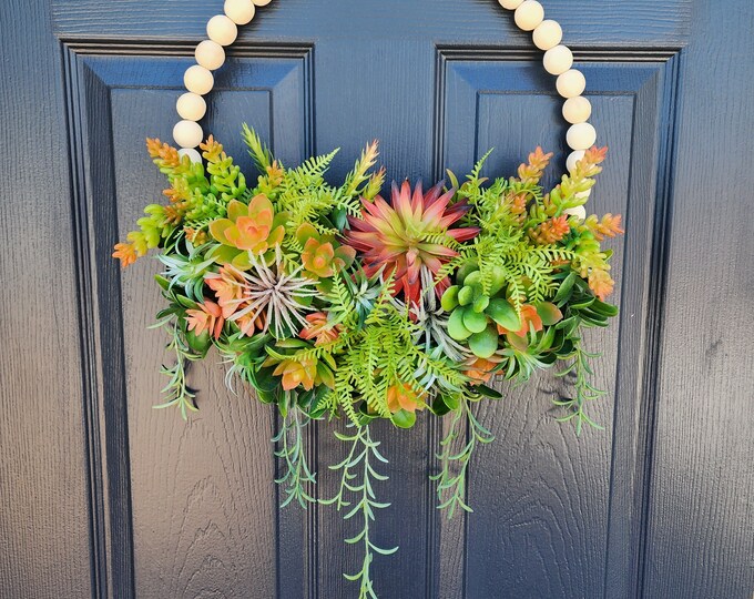 Artificial Succulent Wreath for Front Door , Faux Succulent Beaded Hoop ...