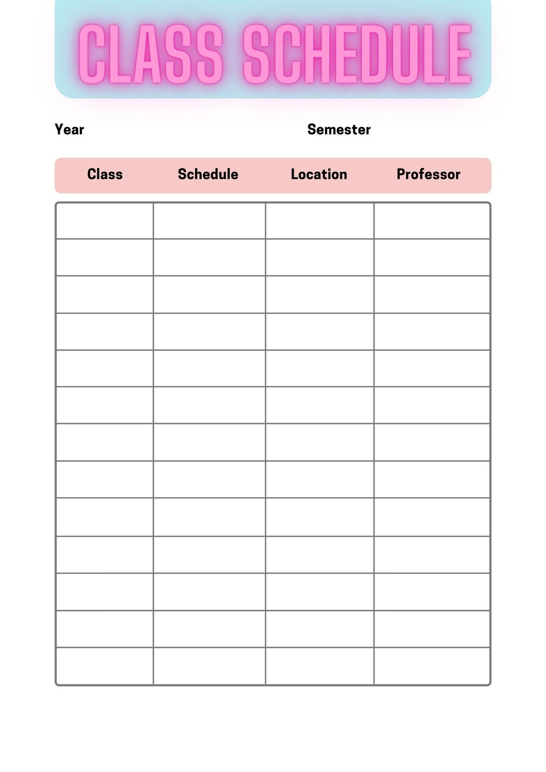 Class Schedule Printable Download - Etsy