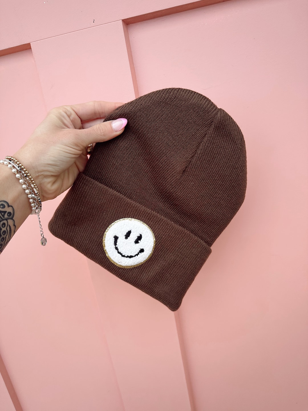 Smiley Face Beanie | Embroidered Patch Hat | Happy Face - Etsy