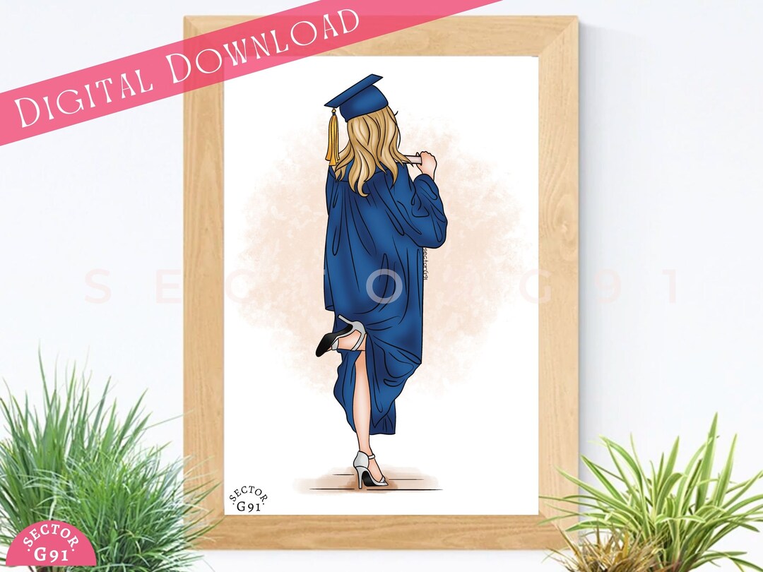 Graduation Girl Fashion Illustration Blue Grad Gown Ceremony Gift ...