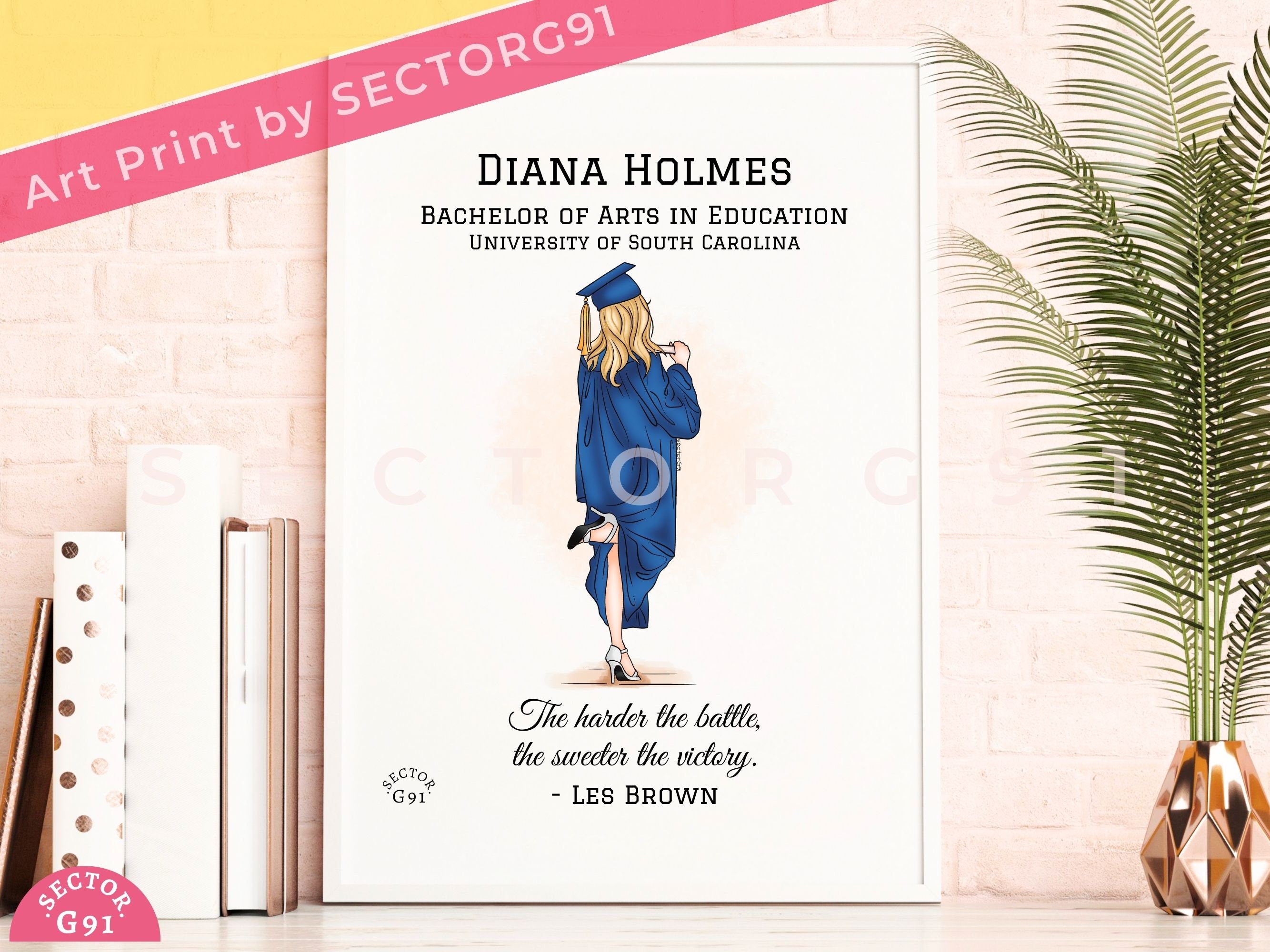 Graduation Girl Fashion Sketch Customized Illustration Blue Grad Gown ...