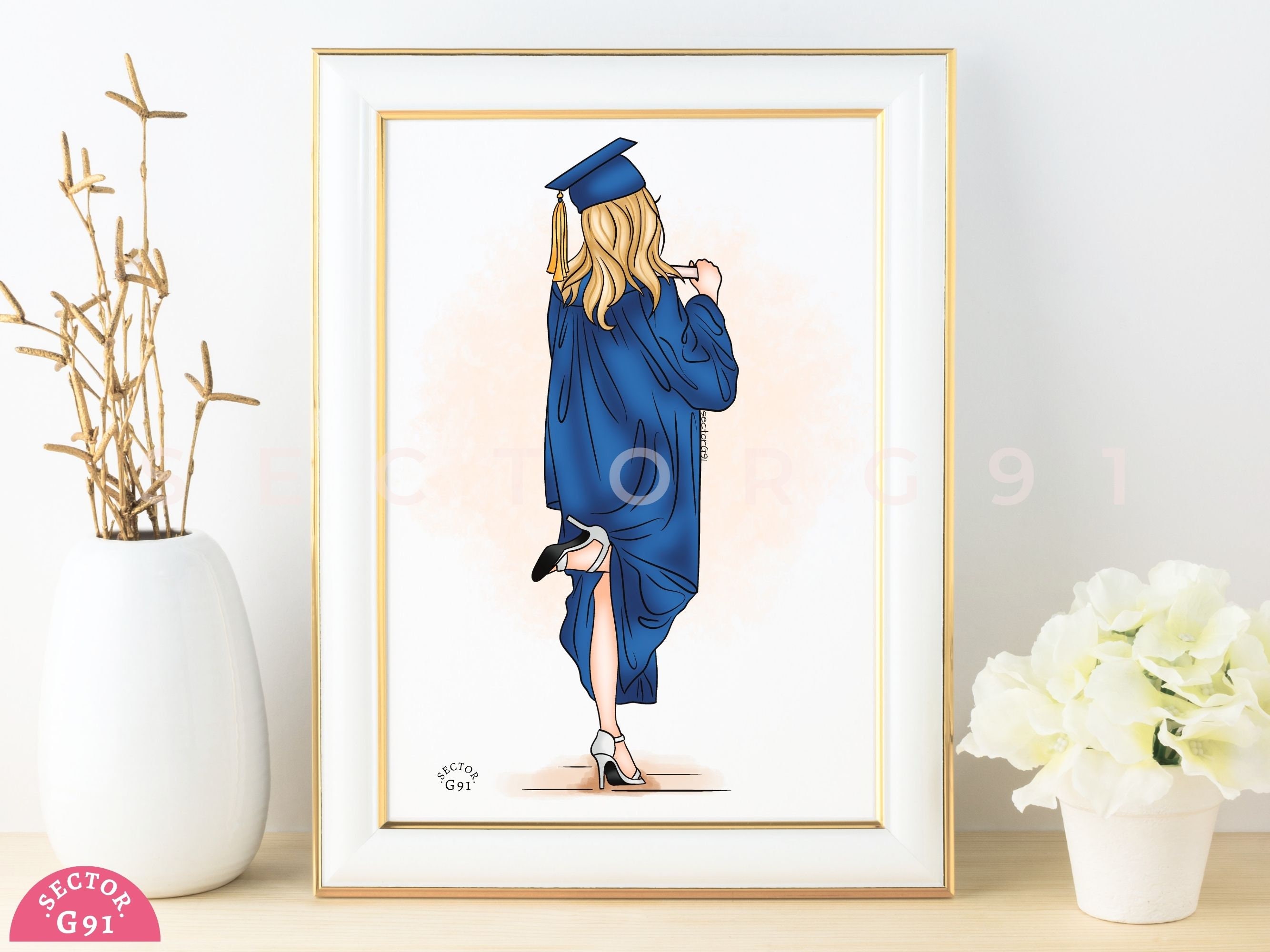 Graduation Girl Fashion Sketch Customized Illustration Blue Grad Gown ...
