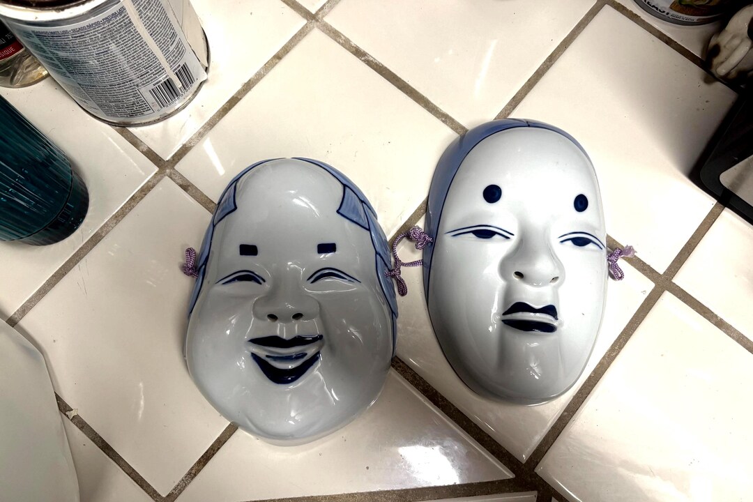 Pier 1 Okina Daikkoku Divine Man Masks Wall Hanging Blue White Ceramic ...