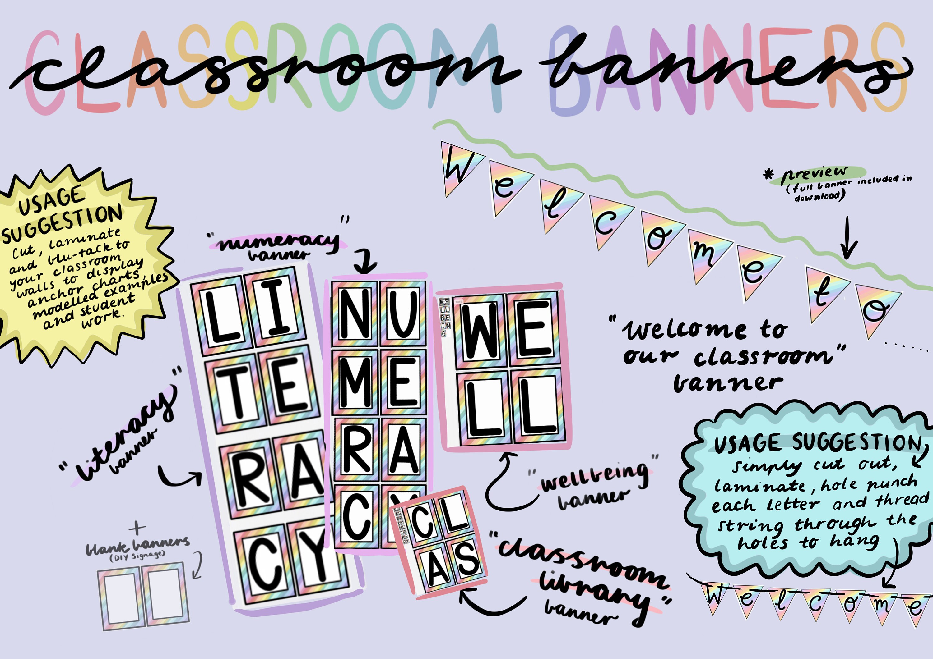 Pastel Rainbow Classroom Subject Banners - Etsy