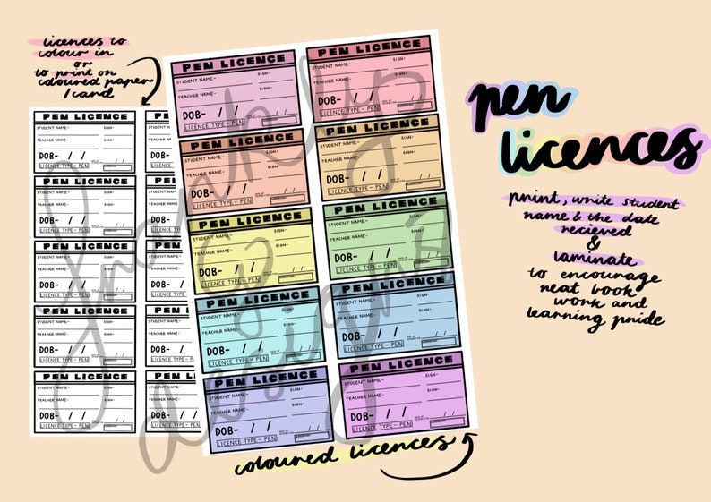 Printable Pen Licences for the Classroom- Pastel Rainbow - Etsy