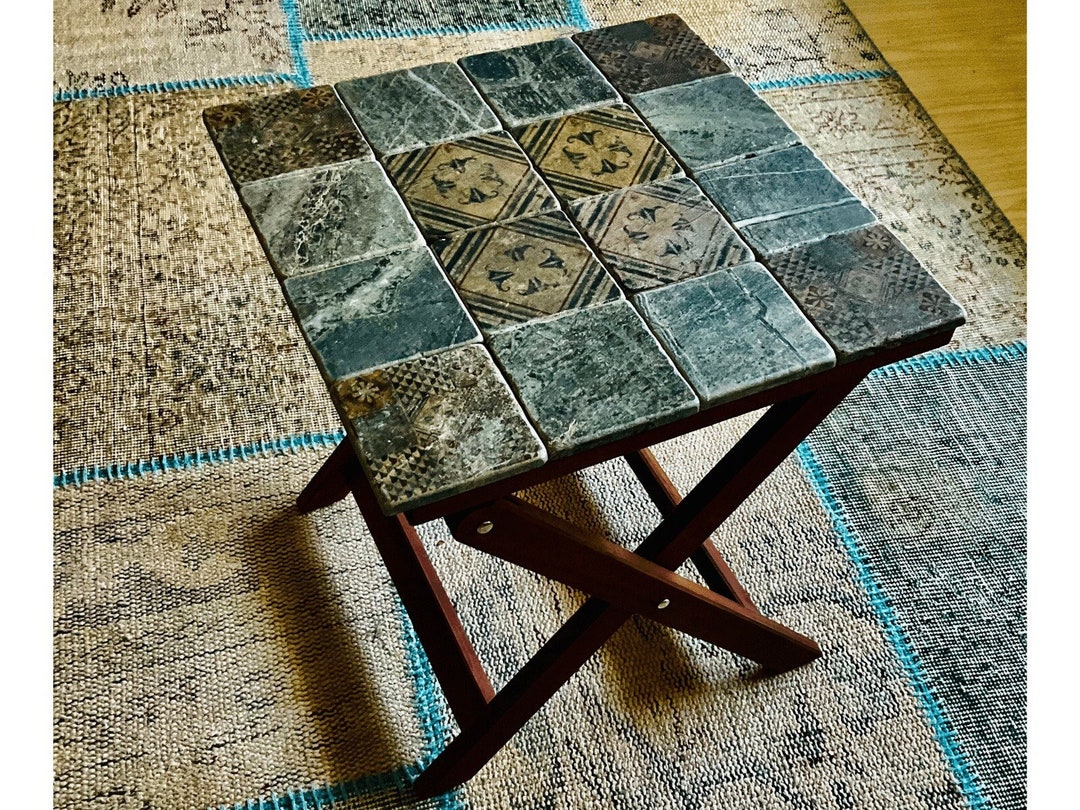 Blue Bohemian Folding Tile Side Table for Narrow Patio or Porch, 5th ...