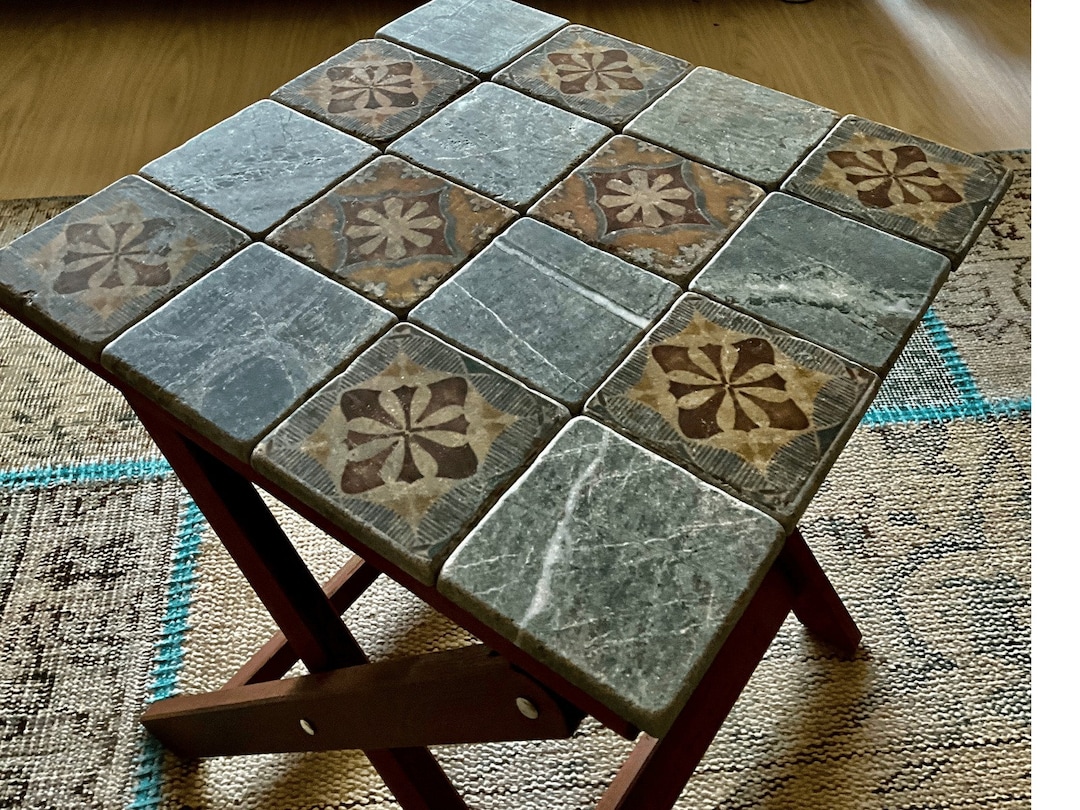 Vintage Side Table, Rustic Tile Side Table, Vintage Travertine Table ...