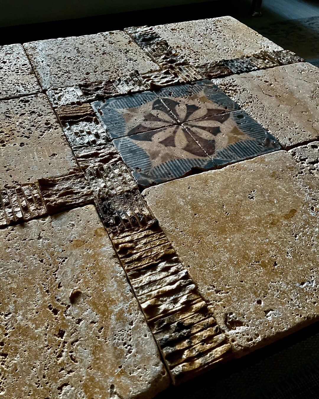 CUSTOM Travertine COFFEE TABLE With Mediterranean Tile Design for Boho ...