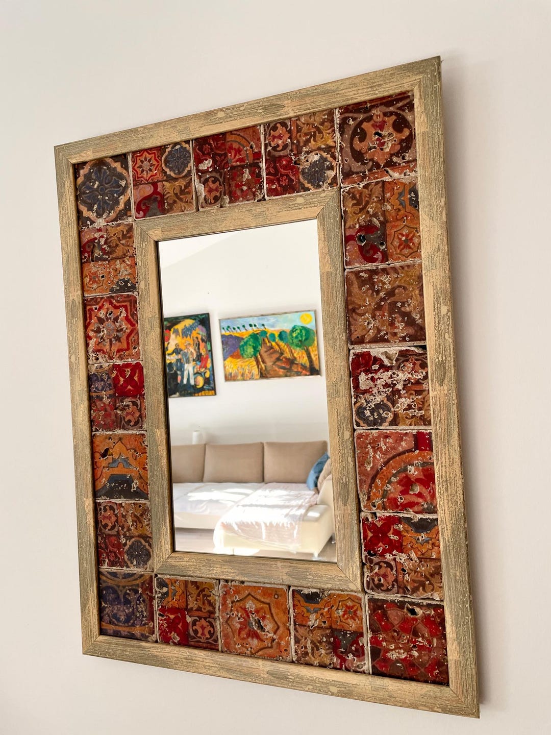 Red Boho Turkish Tile Mirror, Rustic Travertine Stone Mirror, Statement ...