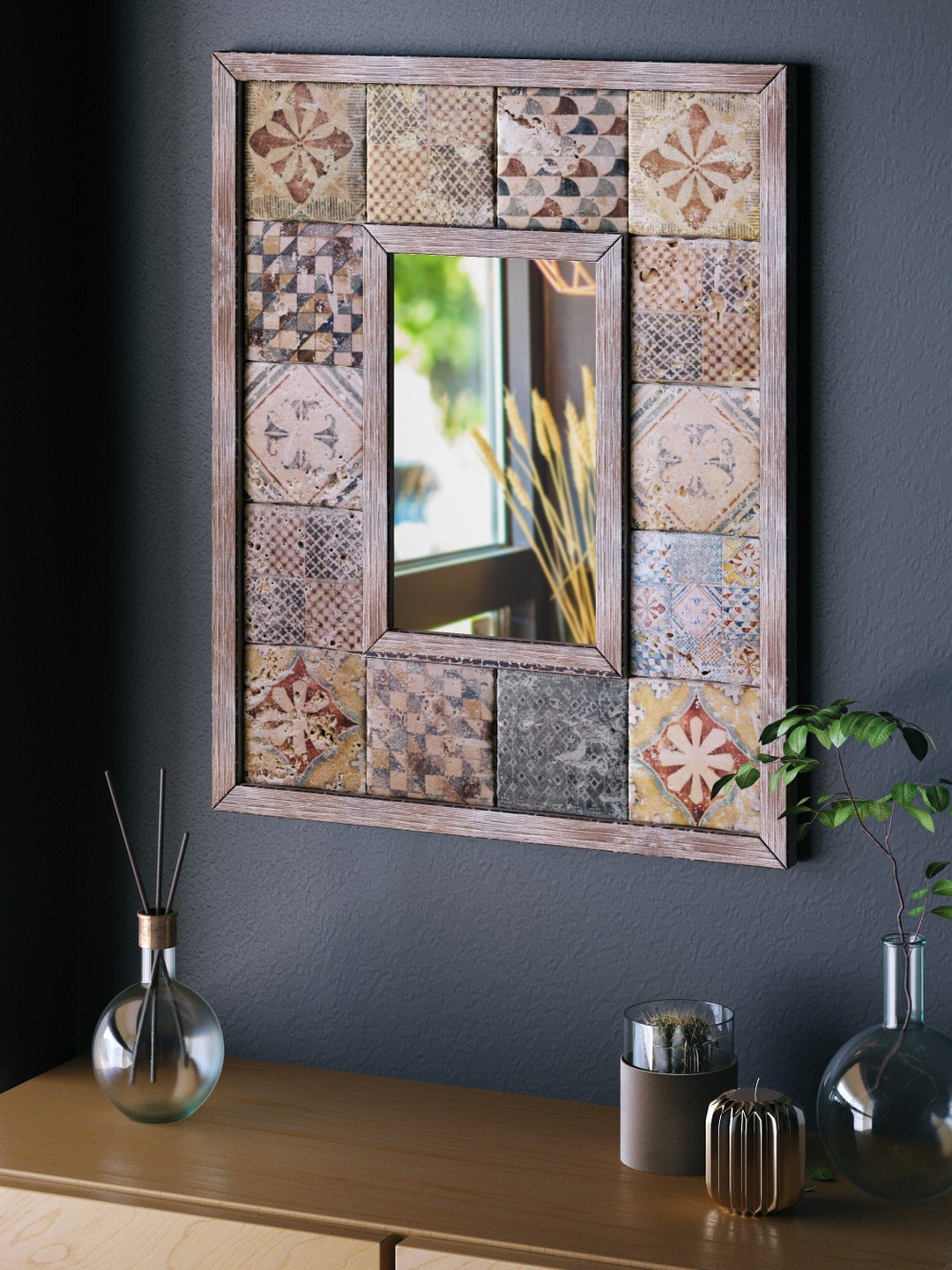 Travertine Tile Mirror for Above Fireplace, Boho Mirrors Decorative ...
